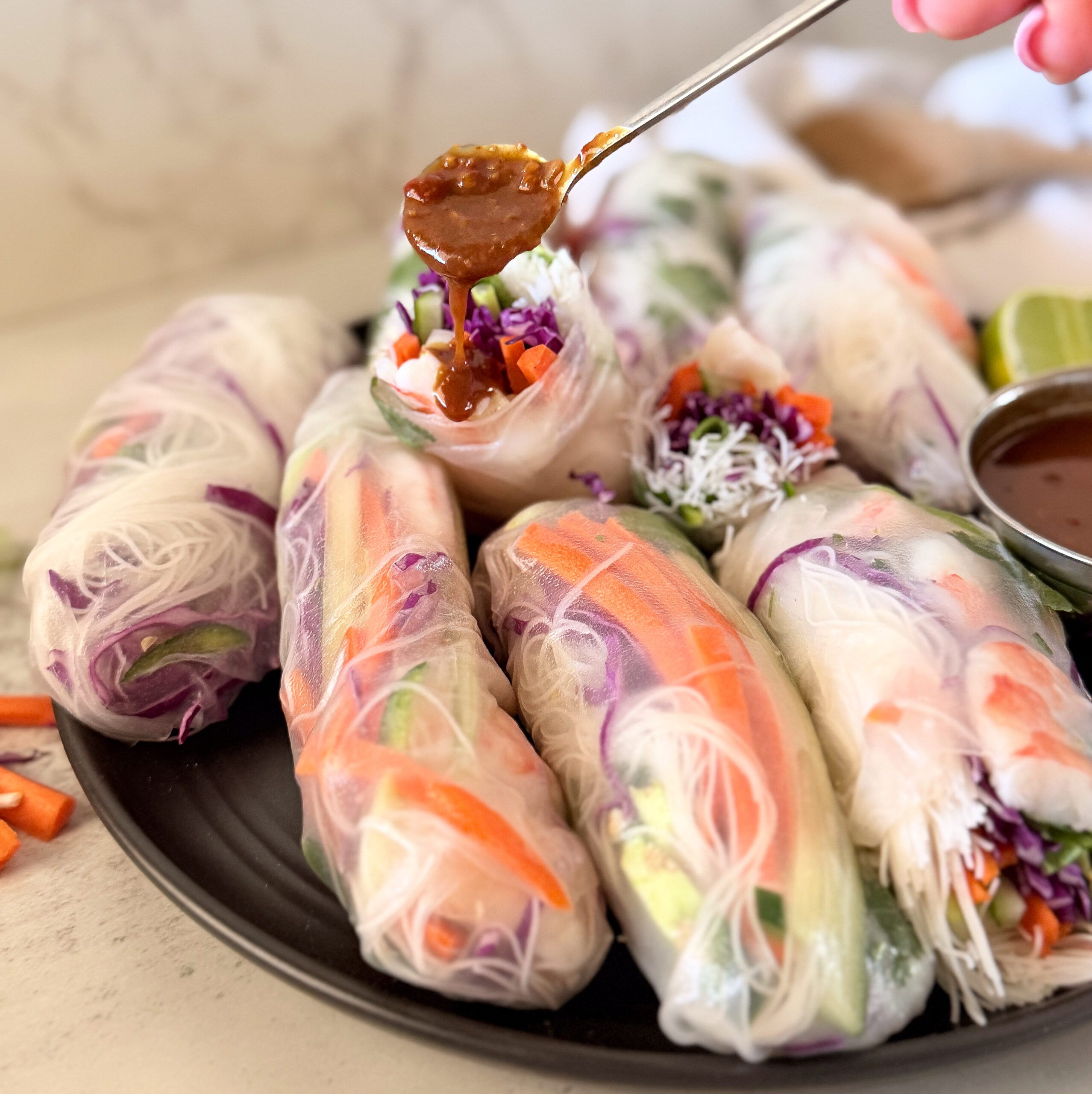 Shrimp Spring Rolls with Creamy Peanut Dipping Sauce - lizasfarmhouse.com